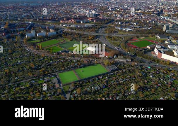 Berlin urban landscape with a large allotment garden area, sports ...