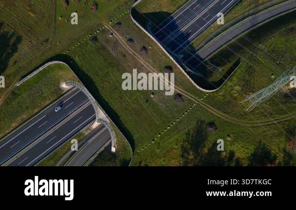 Aerial view showing wildlife crossing over highway in Germany ensuring ...