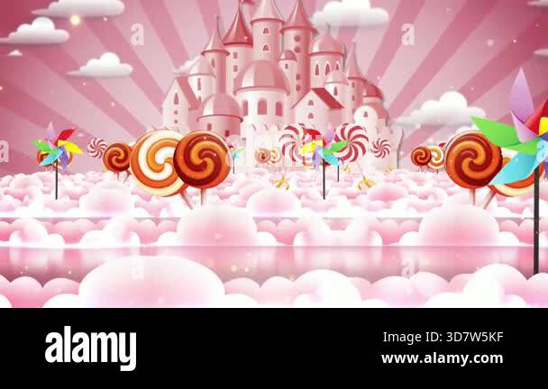 Cartoon Candy Land Kingdom Background with Lollipops and Pink Sky Stock ...