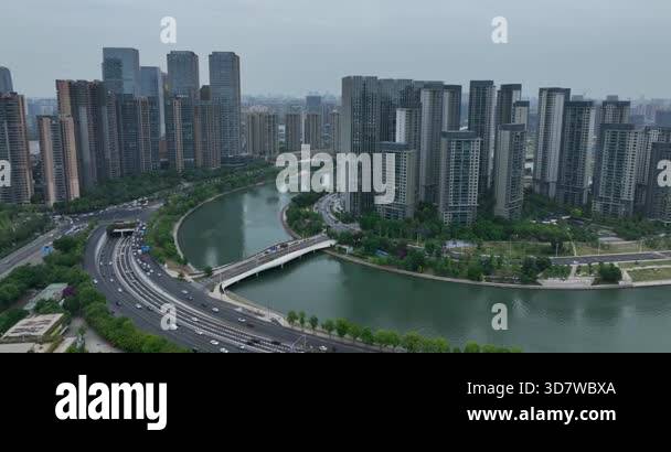 drone footage. Aerial view of dense, modern high-rise residential ...