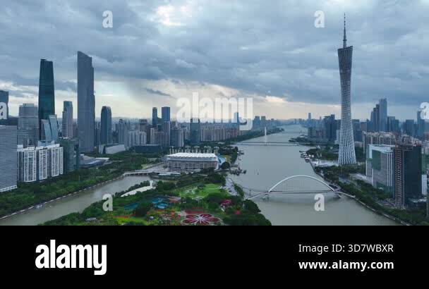 drone footage of modern high-rise residential buildings and river ...