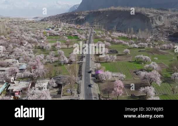 Aerial view of a blossoming village in the mountains of Pakistan ...