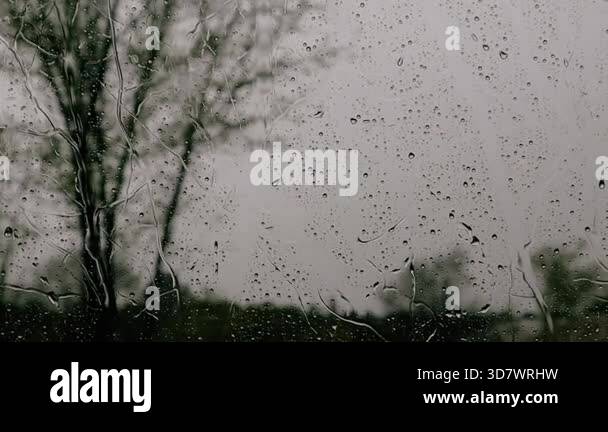 Rain falling outdoors with wet surface reflections. Moody weather ...