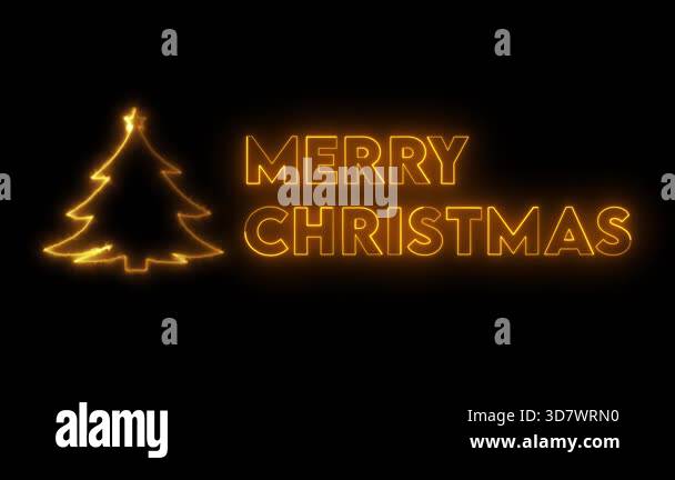 Neon Christmas Tree and Merry Christmas Sign In Golden Glow on Black ...