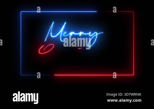 Neon Merry Christmas Sign Framed in Blue and Red Glow on Black ...