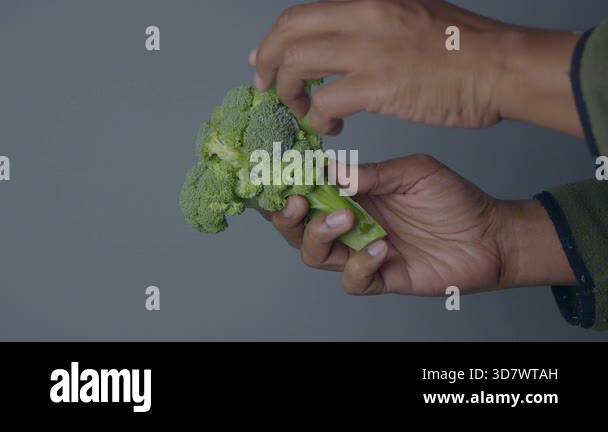 A hand presents a fresh green broccoli head, showcasing its vibrant ...