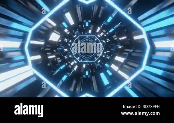 Abstract futuristic sci-fi tunnel with a blue glowing light animation ...