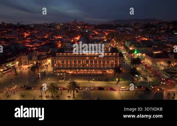Cascais in the Night after sunset, Blue Hour, Twilights. Aerial view ...