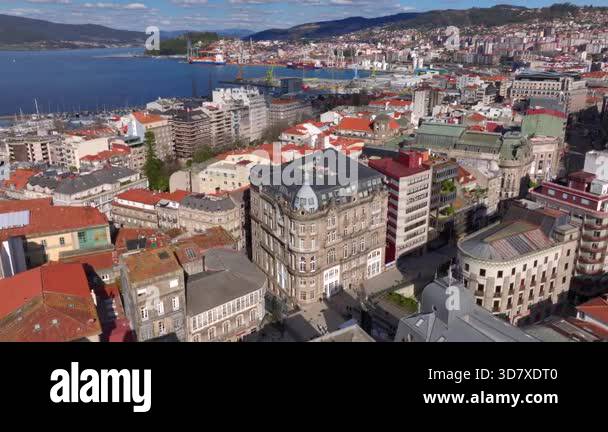 Aerial view of Vigo city center in Pontevedra, Galicia, Spain. Coastal ...