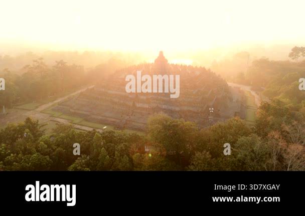 Aerial view of Borobudur Temple at sunrise in Central Java, Indonesia ...