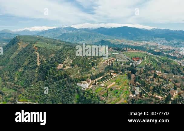 Granada Spain aerial panorama of Alhambra fortress with Sierra Nevada ...