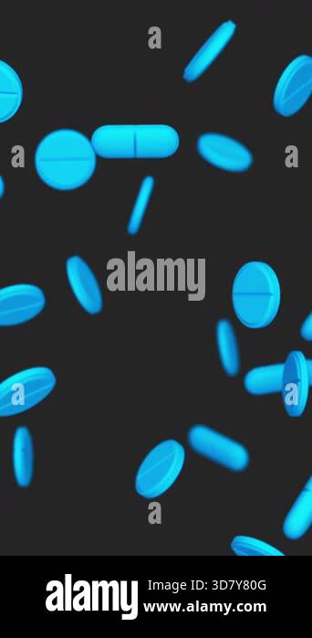 Blue capsules, tablets and pills slowly fall against black backdrop ...