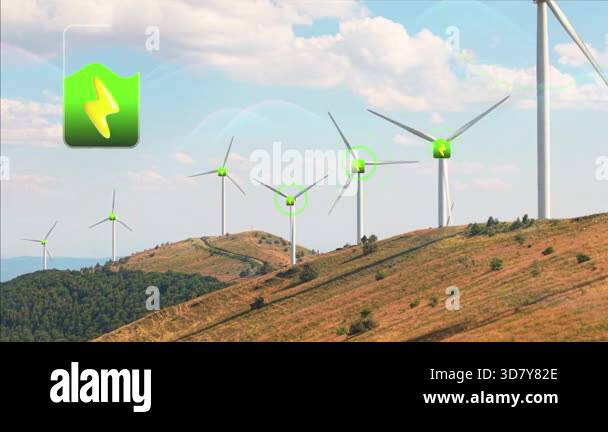 Visual scene of wind turbines generating electricity as a battery icon ...