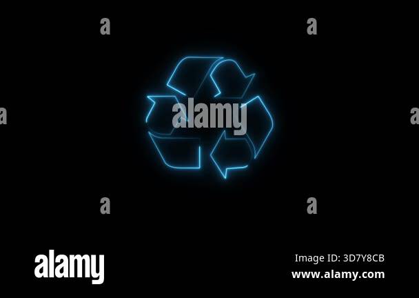 glowing neon line recycle symbol icon on dark blue background. recycle ...