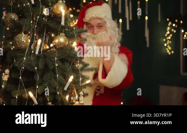 Close view of Santa Claus reaching into the branches of a Christmas ...