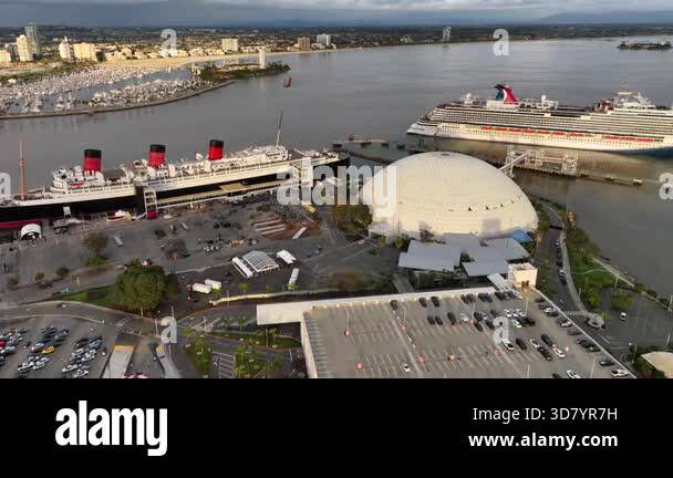 A drone view of the Long Beach waterfront showing the Queen Mary, the ...