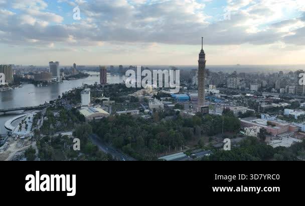 Cairo Egypt - March 9, 2024: Cairo Tower leads the way in this drone ...