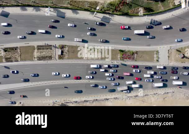 Giza , Egypt - April 10, 2021: Aerial top down view shows a traffic jam ...
