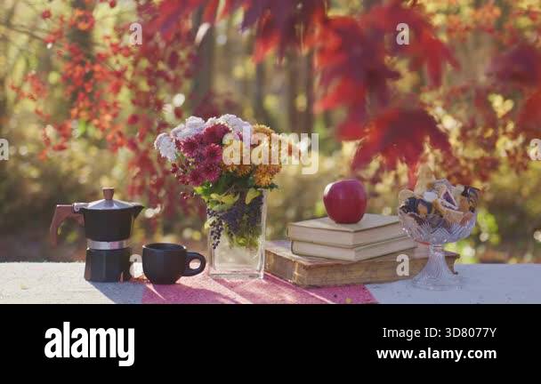 Autumn coffee scene outside. Fall mood on decorated table. Cozy outdoor ...