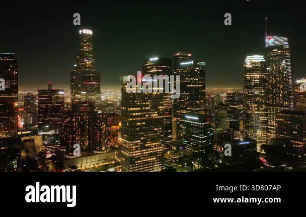 Los Angeles city lights. Los Angeles skyscrapers at night. Night aerial ...