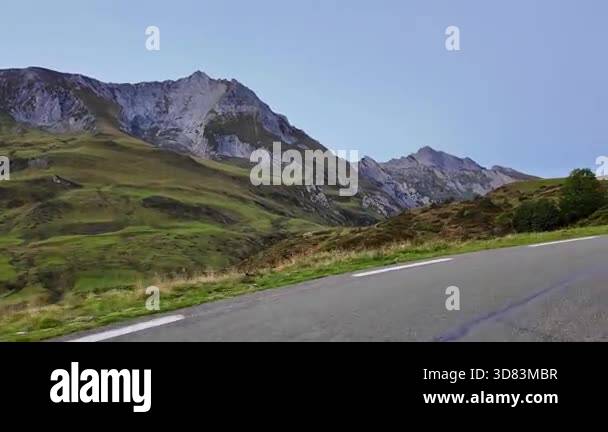 Driving up the Col du Soulor, France. Mountain pass in the Pyrenees ...