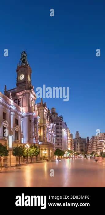 Valencia City Hall Ajuntament de Valencia day to night transition ...