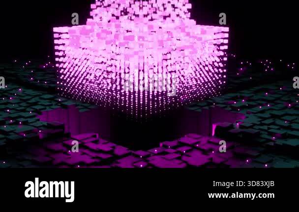 Bright pink magenta light particles descend into dark pit forming solid ...