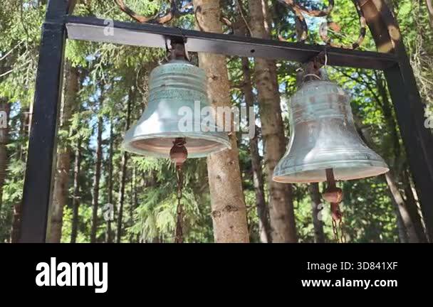 Bronze Orthodox church bells from antiquity hang on a sturdy metal ...