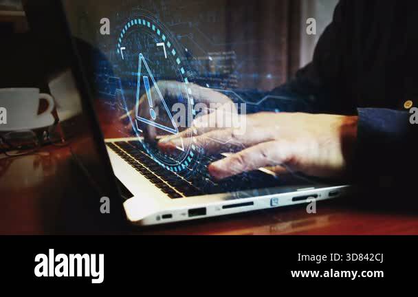 Alert warning and security breach alert symbol and man typing computer ...