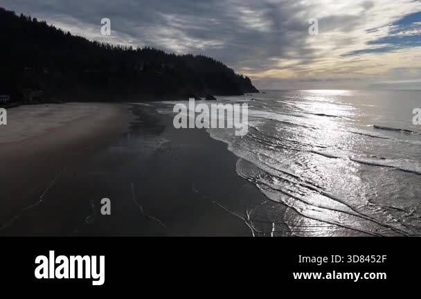 Neskowin beach breaking waves, seabirds and seastack Stock Video ...