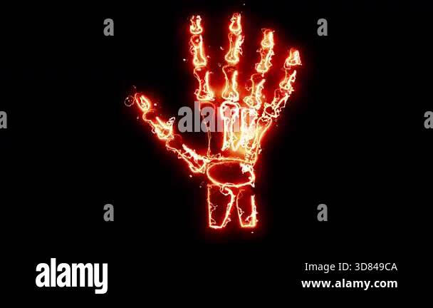 Scary human skeletal hand with fire effect on plain black background ...