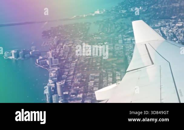 Beautiful aerial view from airplane window of Miami Beach bay and ...