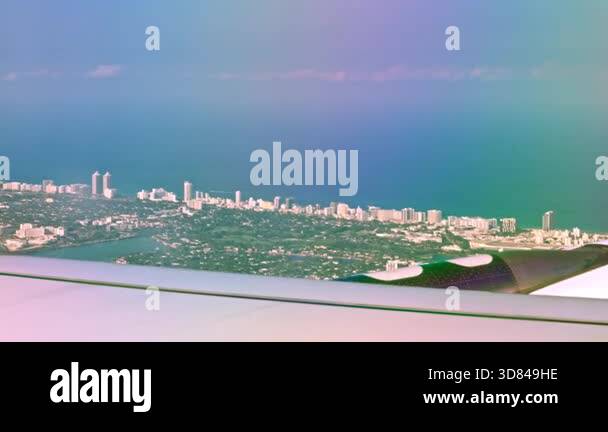 Beautiful aerial view from airplane window of Miami skyline and ...