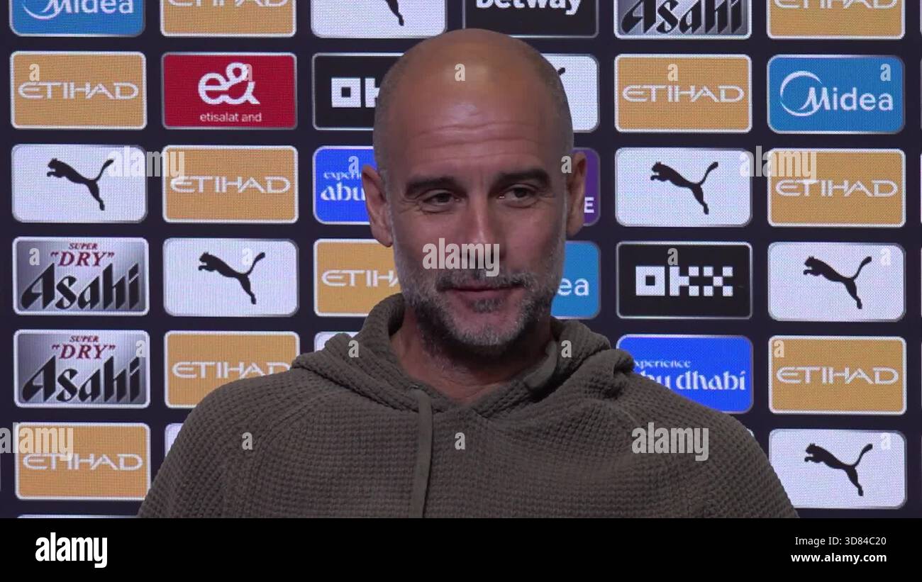 Pep Guardiola previews Man City v Leeds United Stock Video Footage - Alamy