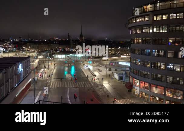 Stockholm, Sweden A night view of the Slussen district and the skyline ...