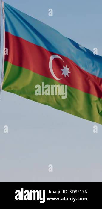 Azerbaijan, Baku: Cinematic Vertical Waving National Flag Against Blue ...