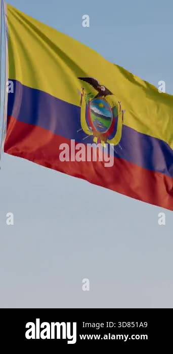 Ecuador, Quito: Cinematic Vertical Waving National Flag Against Blue ...
