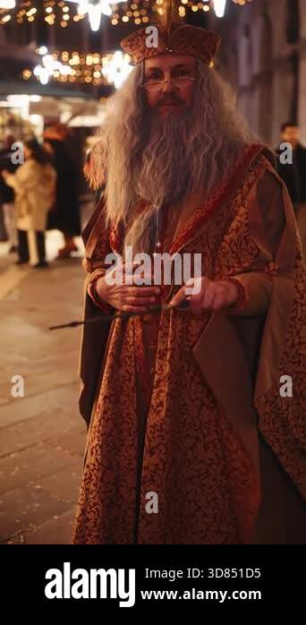 VENICE, ITALY - MARCH 05 2024: Portrait of man plays role of Dumbledore ...