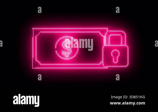 A neon pink outline of a US dollar bill with a padlock on a black ...