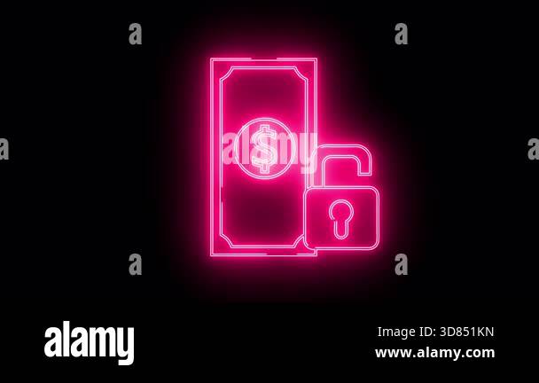 Glowing pink neonstyle outline of a dollar bill and an unlocked padlock ...