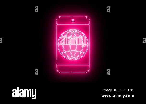 A neon pink outline of a smartphone with a globe displayed on its ...