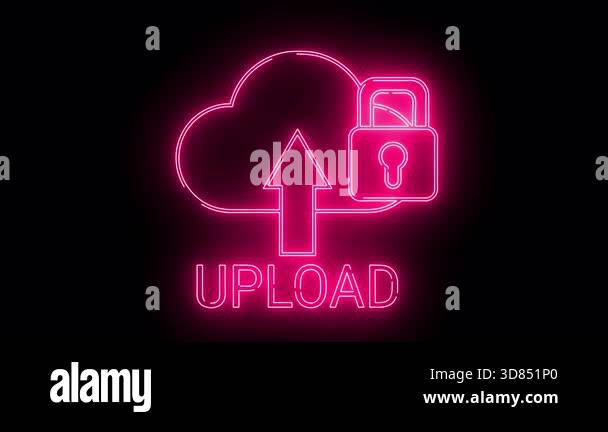 A pink neon outline of a cloud arrow padlock and the word UPLOAD on a ...