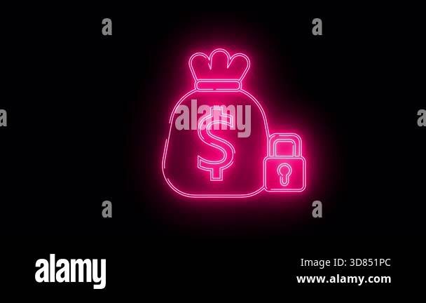 Neon pink money bag with sign and lock outline on a black background ...