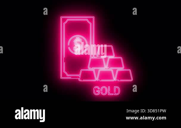 Neon image shows pink outlined dollar bill gold bars and the word GOLD ...