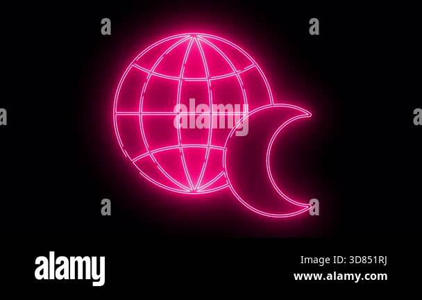 A neonlit globe and crescent moon are rendered in hot pink against a ...