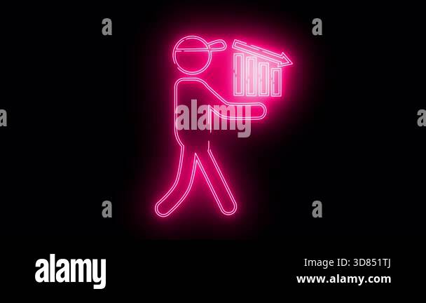 Neon pink stick figure walks with a downward trending bar graph Stock ...