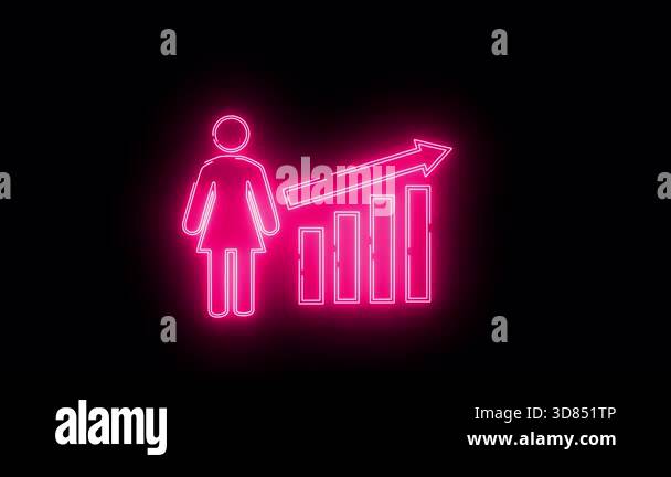 Neon pink icon of a woman next to an ascending bar graph with an arrow ...