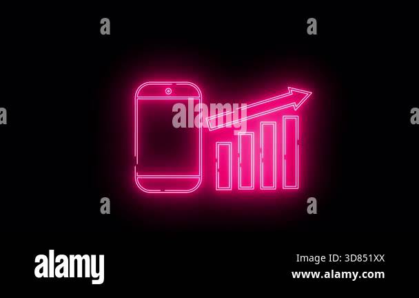 Neon pink outline of a phone with a rising bar graph arrow on a black ...