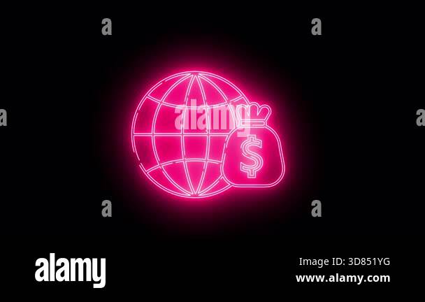 A pink neon globe with a money bag depicted on a black backdrop Stock ...