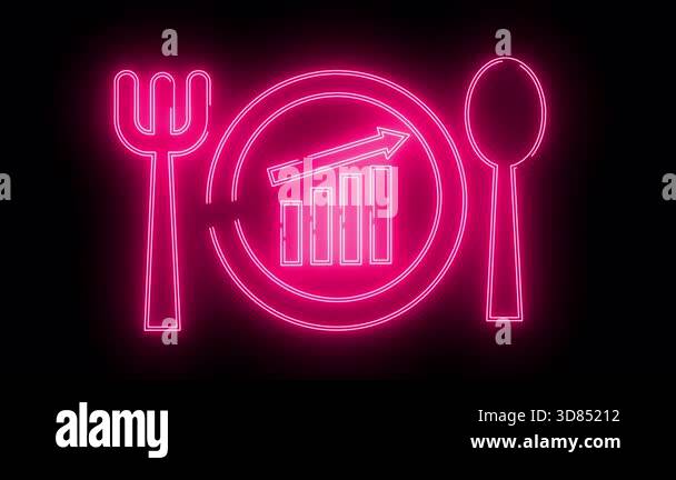Glowing neon pink foodthemed icon fork plate with bar grapharrow spoon ...